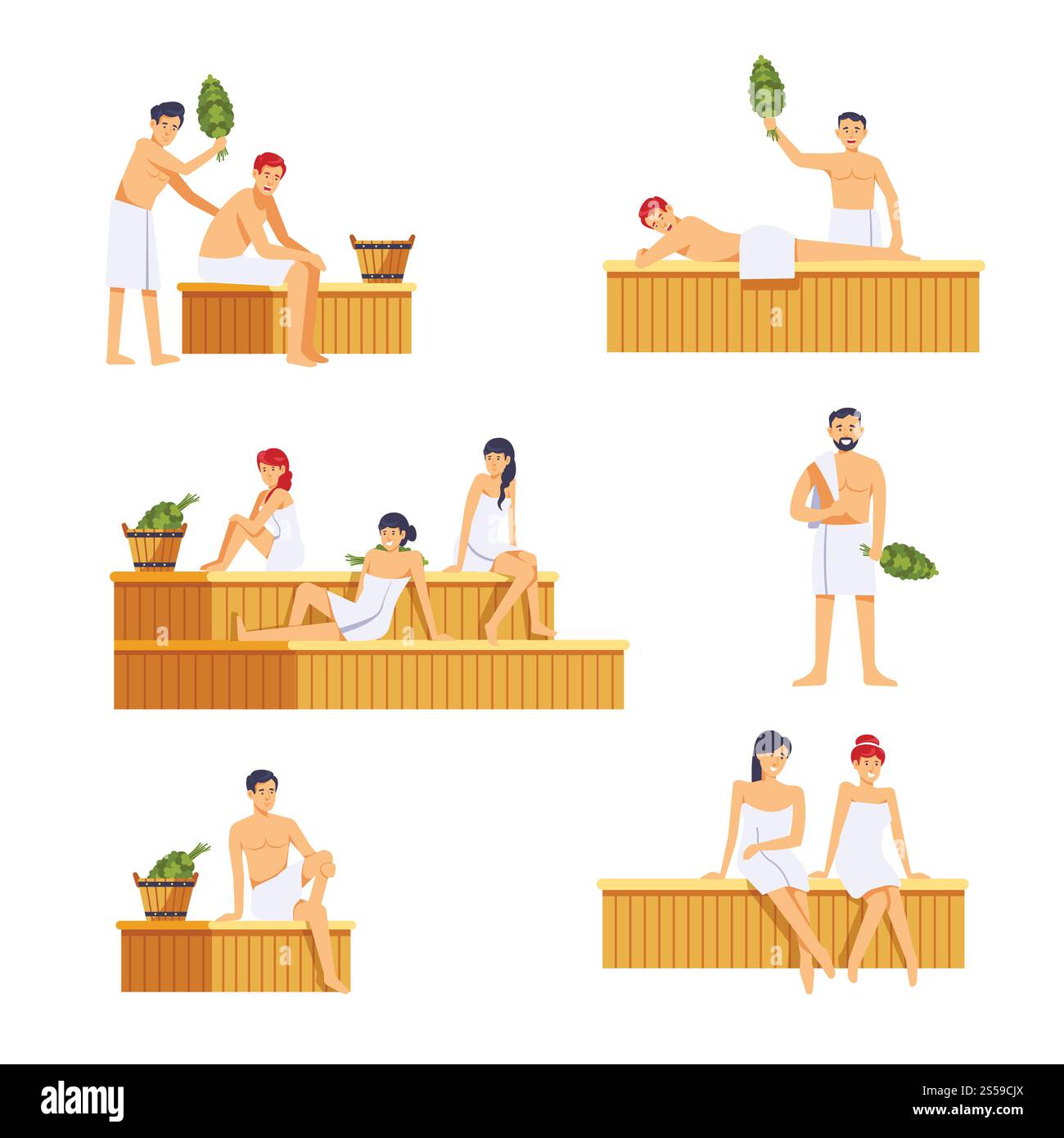 People in sauna man and woman characters. Vector icons or Russian or Finnish steam room, towels ...