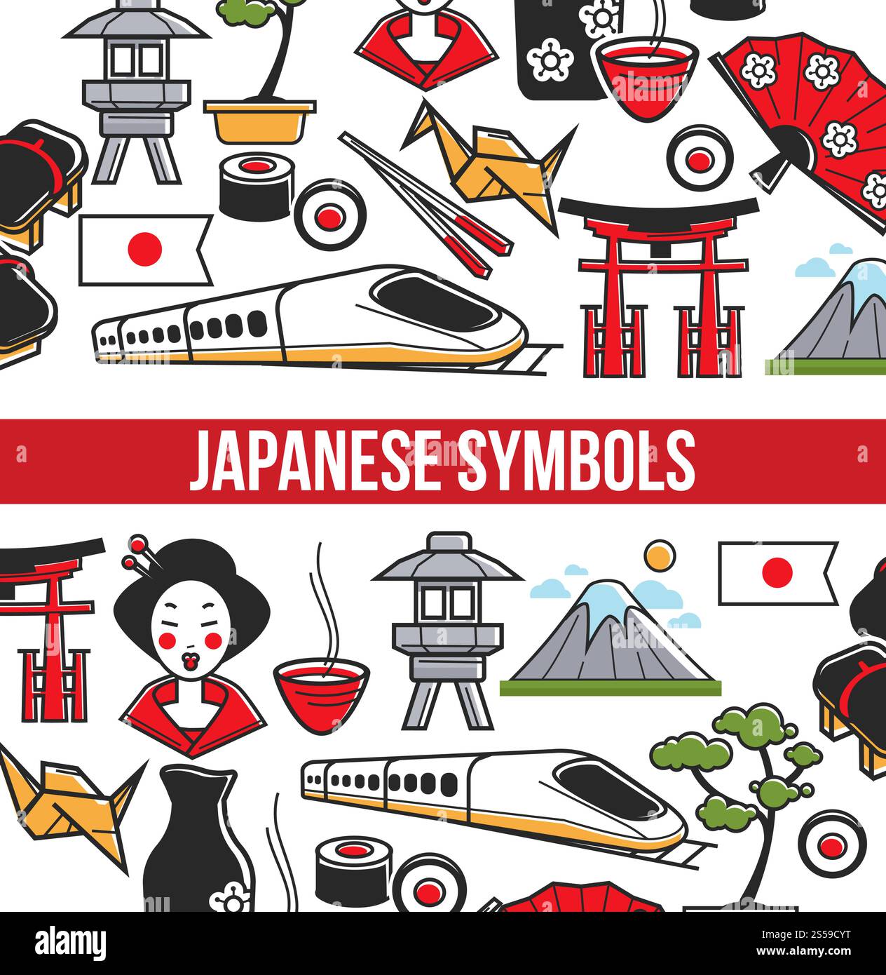 Japanese national and cultural symbols in seamless pattern. Specific ...