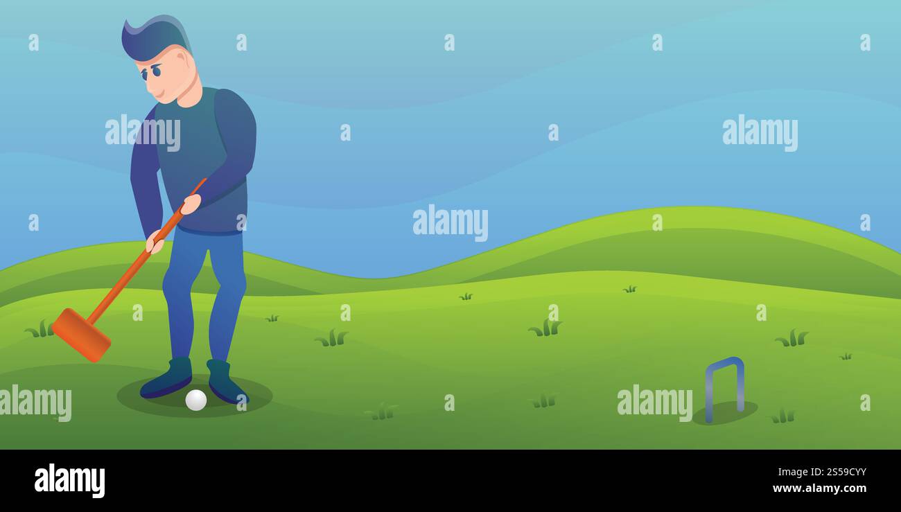 Man play croquet concept banner. Cartoon illustration of man play ...