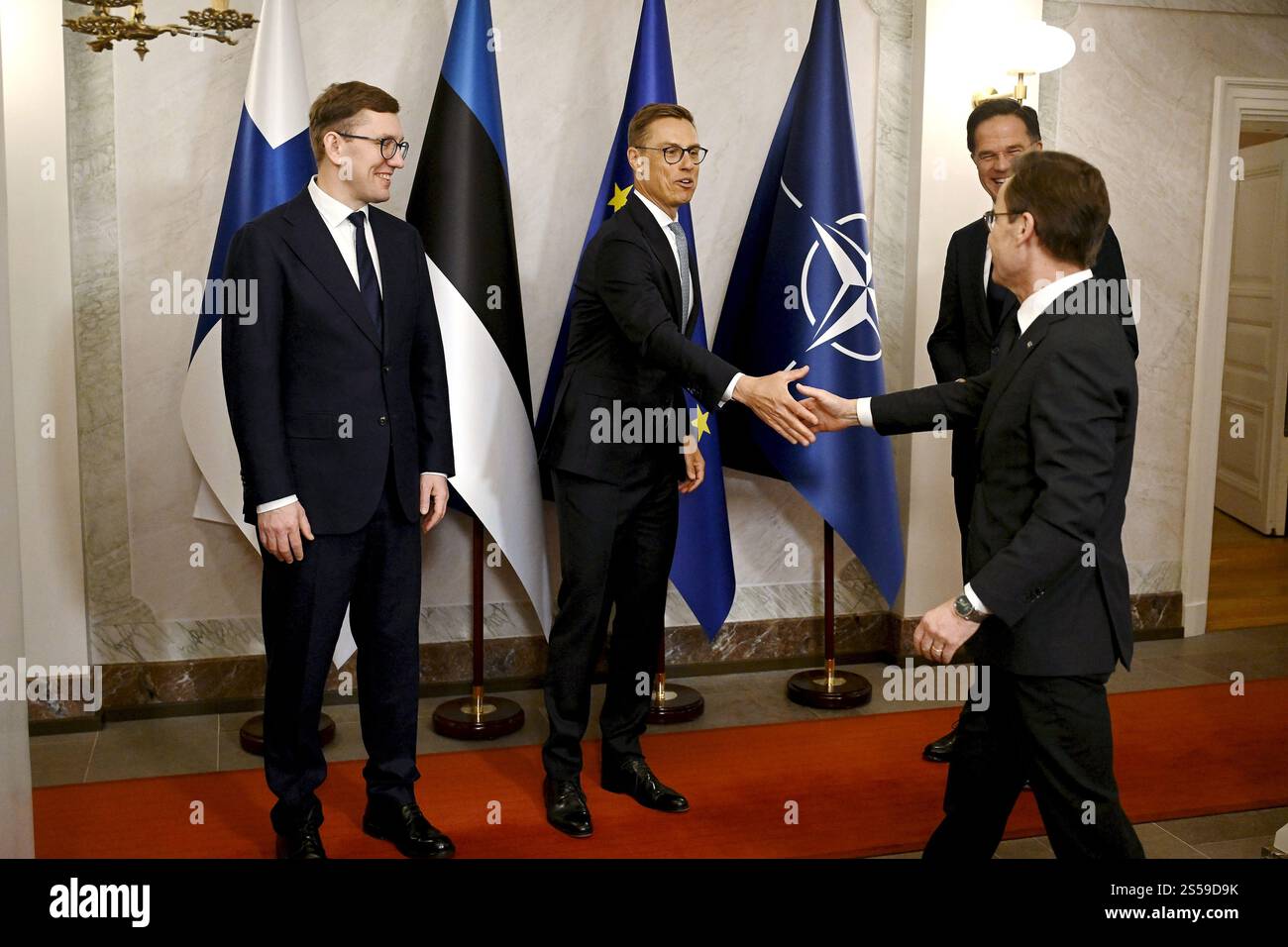 Finnish President Alexander Stubb welcomes Swedish Prime Minister Ulf Kristersson to the aummit ...
