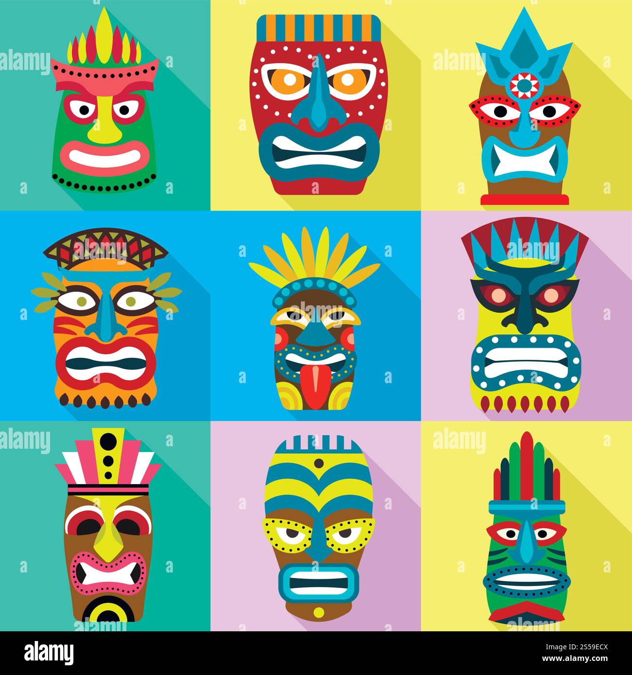 African mask icon set. Flat set of 9 african mask vector icons for web ...
