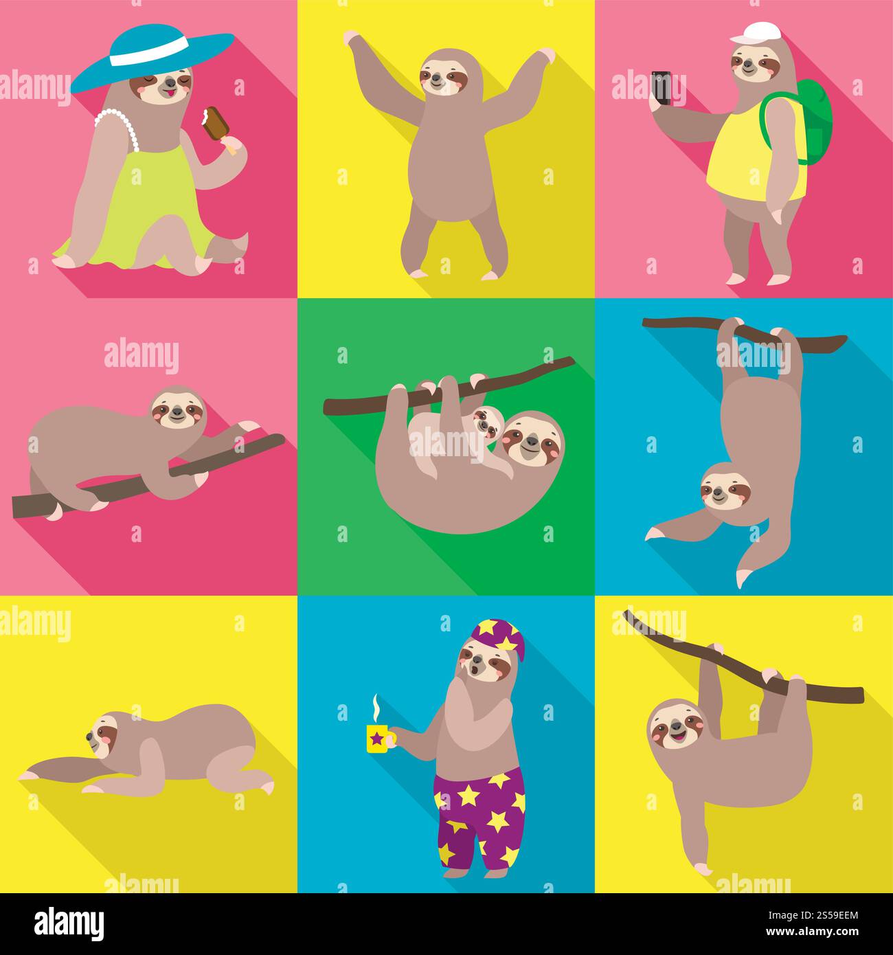 Wild sloth icon set. Flat set of 9 wild sloth vector icons for web ...