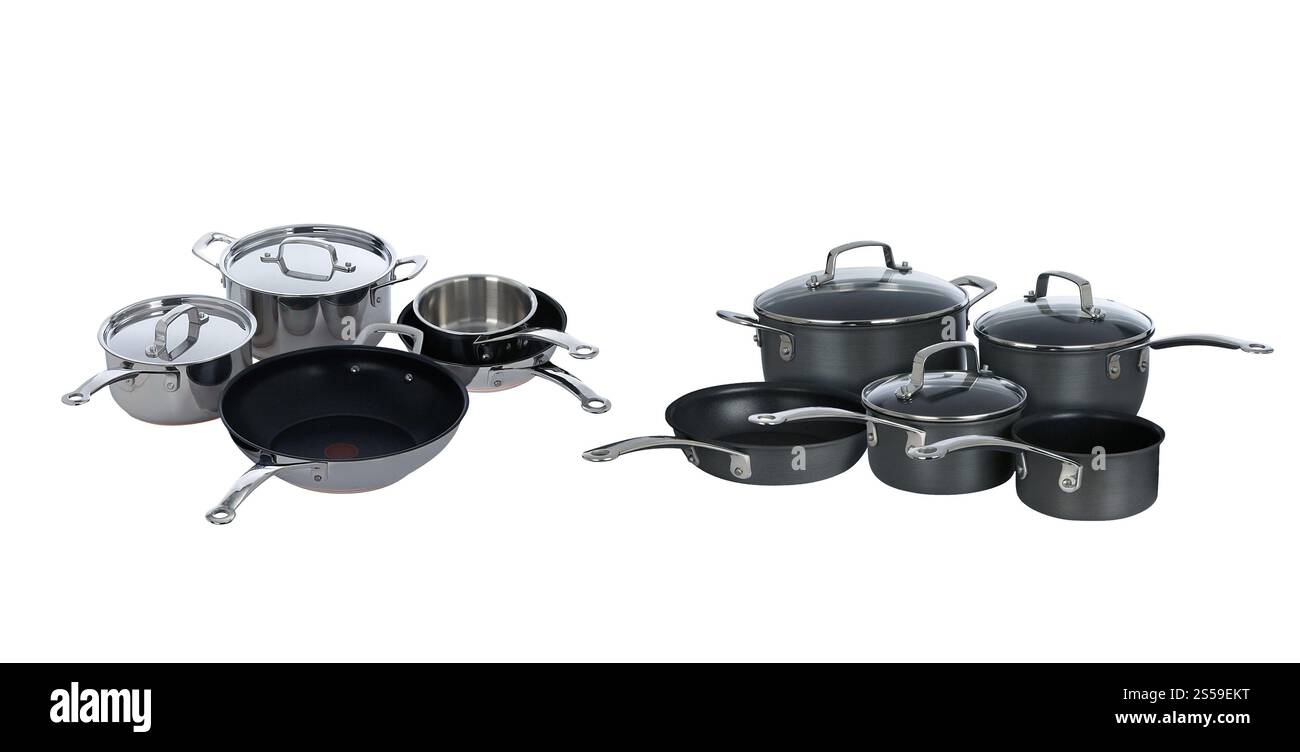 set of stainless steel pots and pans isolated on white background. set ...
