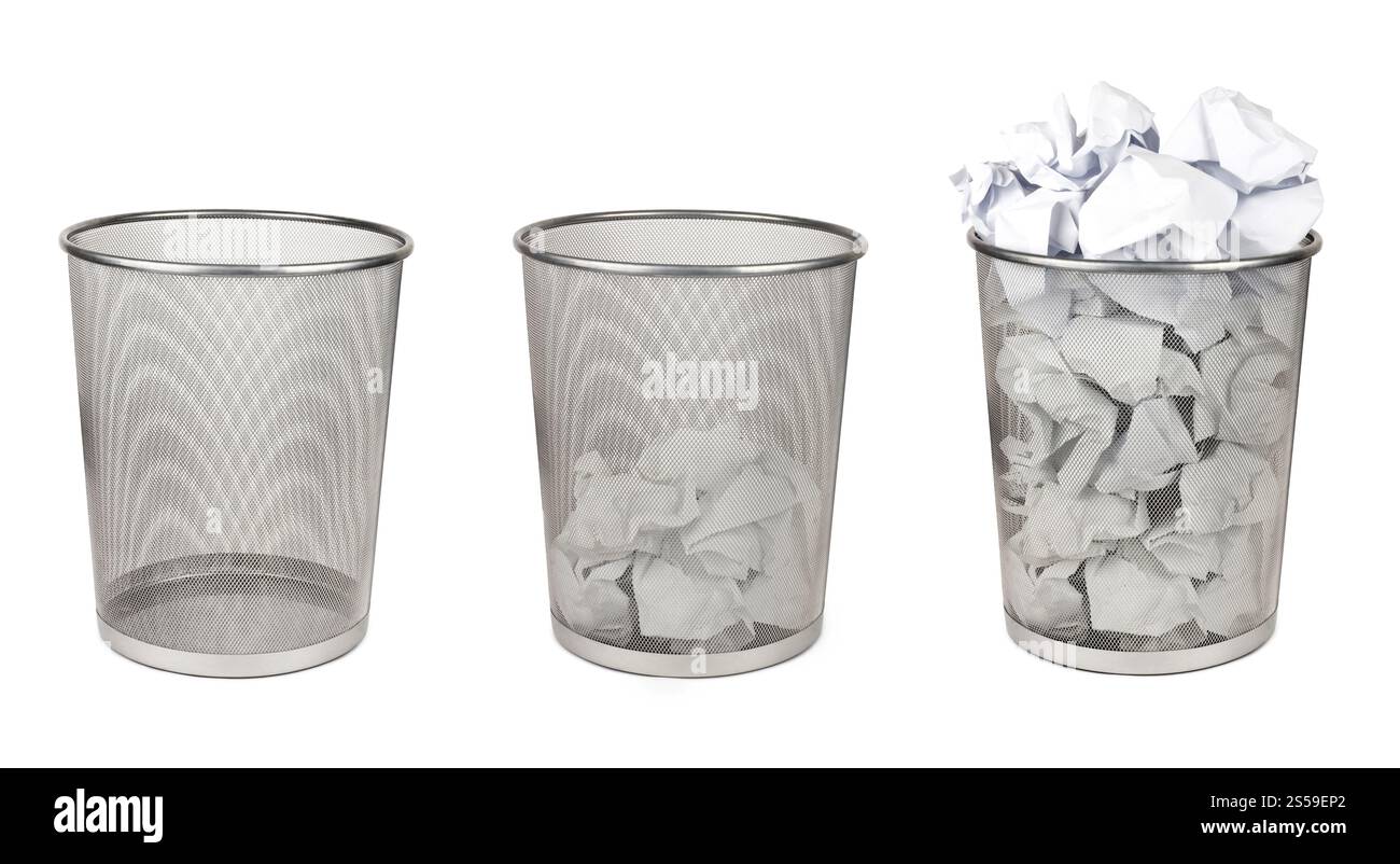 three iron trashes bin isolated on white background. three iron trashes ...