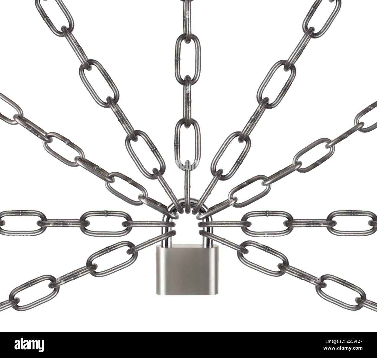 The padlock and chains isolated on a white background. The padlock and ...