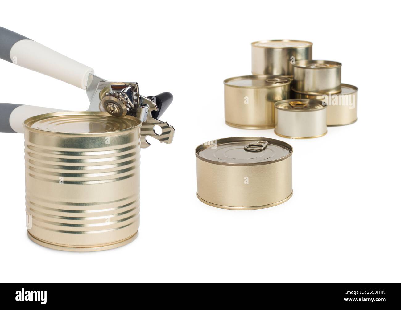 The can opener opens can. Tin cans opener Stock Photo - Alamy