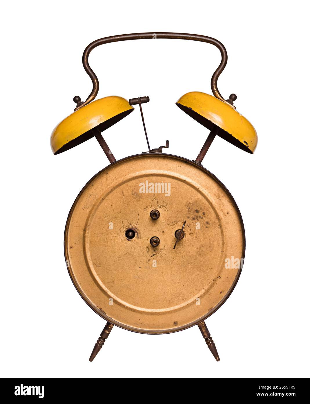 back of an old alarm clock isolated on white background. back of an old ...