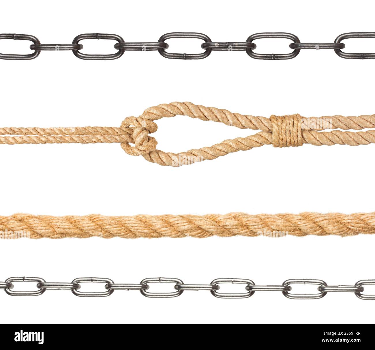 collection of chain and ropes on white background. collection of chain ...