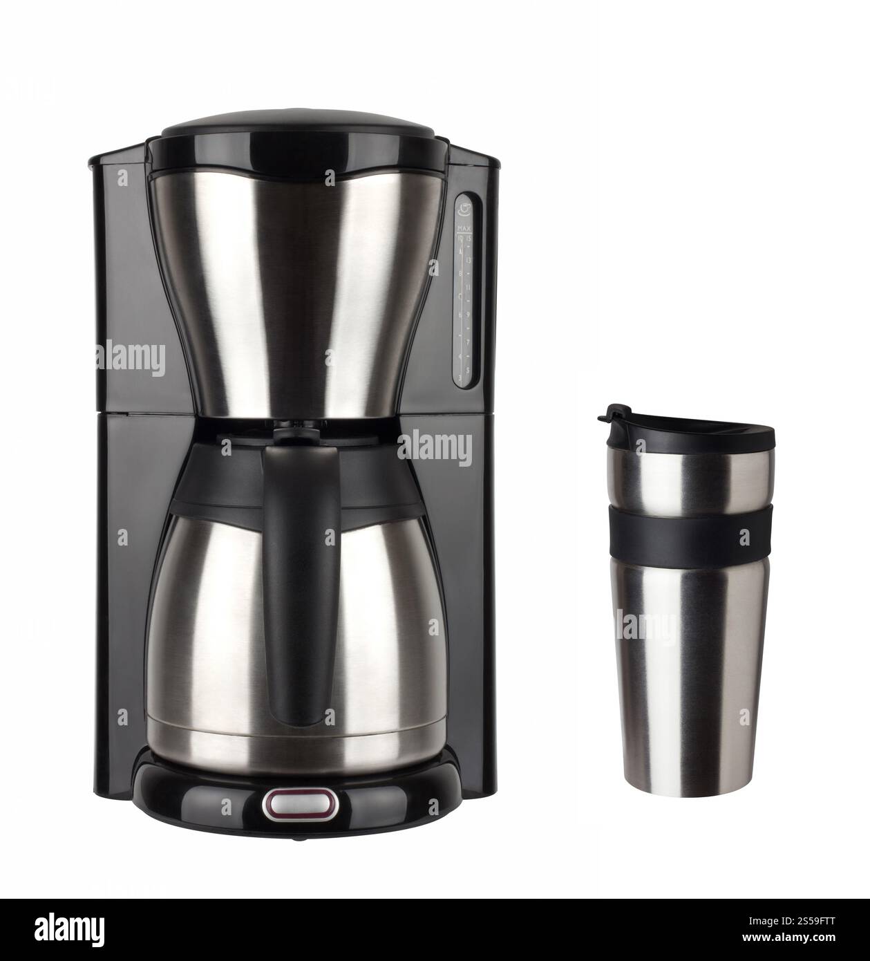 Coffee maker and thermo cup isolated on white. Coffee maker and thermo ...