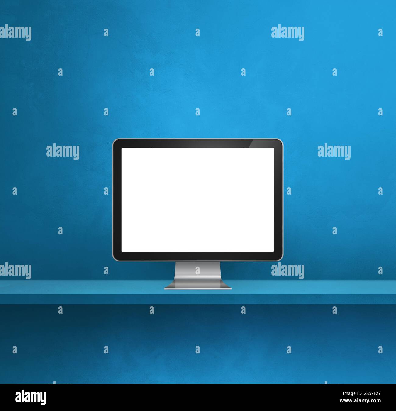 Computer pc - blue wall shelf background. 3D Illustration. Computer pc ...