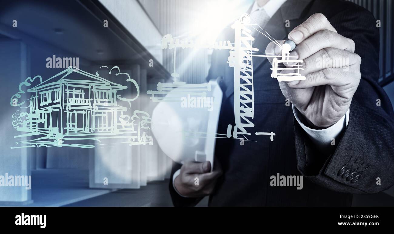engineer drawing construction diagram as concept Stock Photo - Alamy
