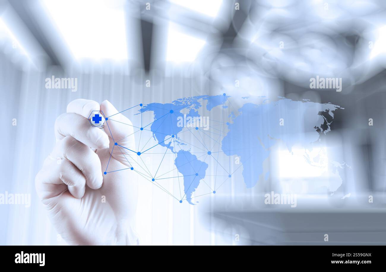 Medical Doctor working with new computer touch screen show the world ...