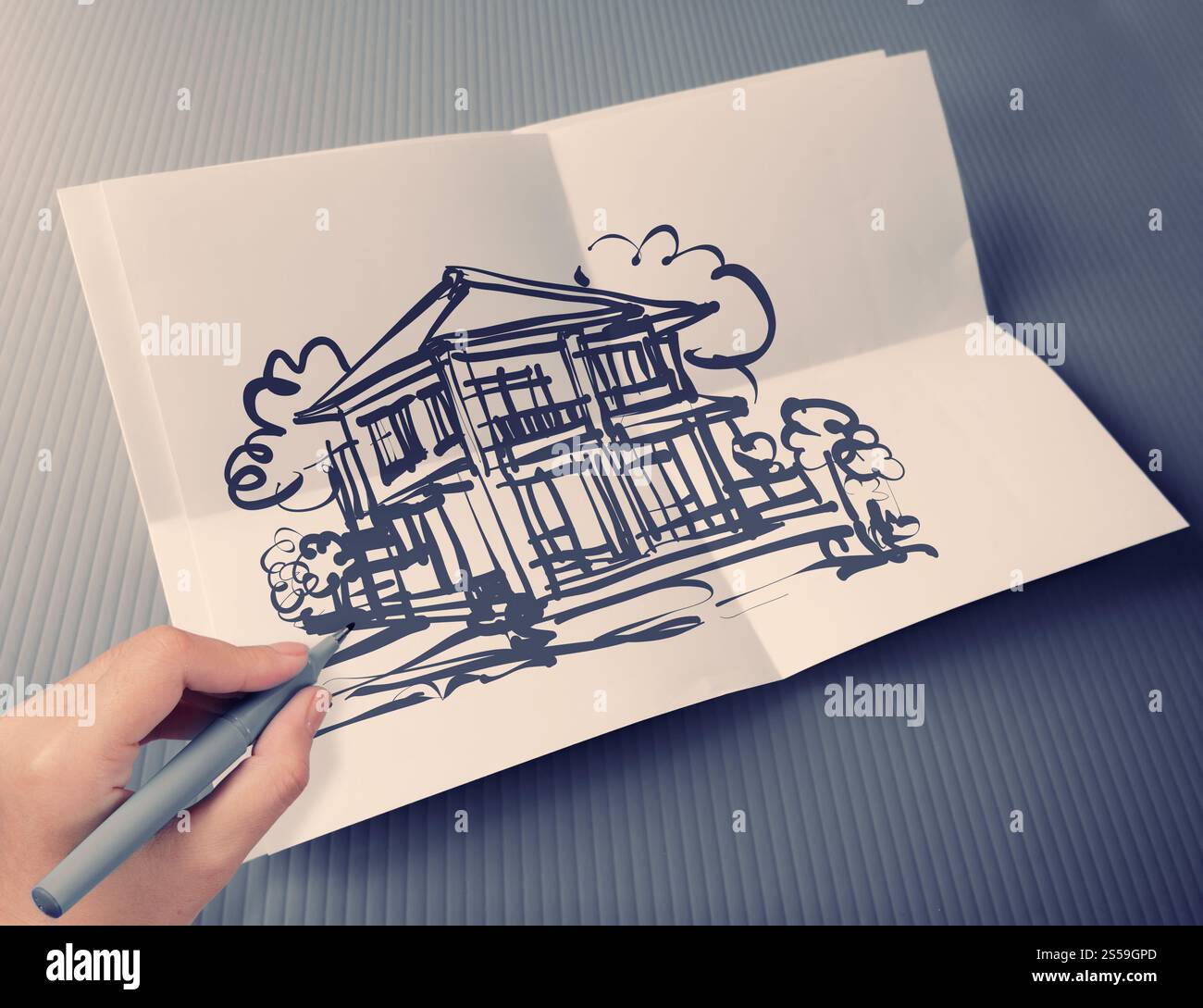 hand drawing house on white folding paper background vintage style ...