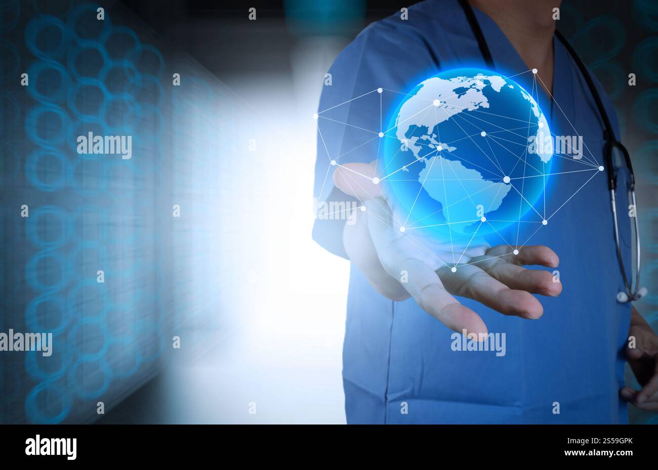 Medical Doctor holding a world globe in his hands as medical network ...