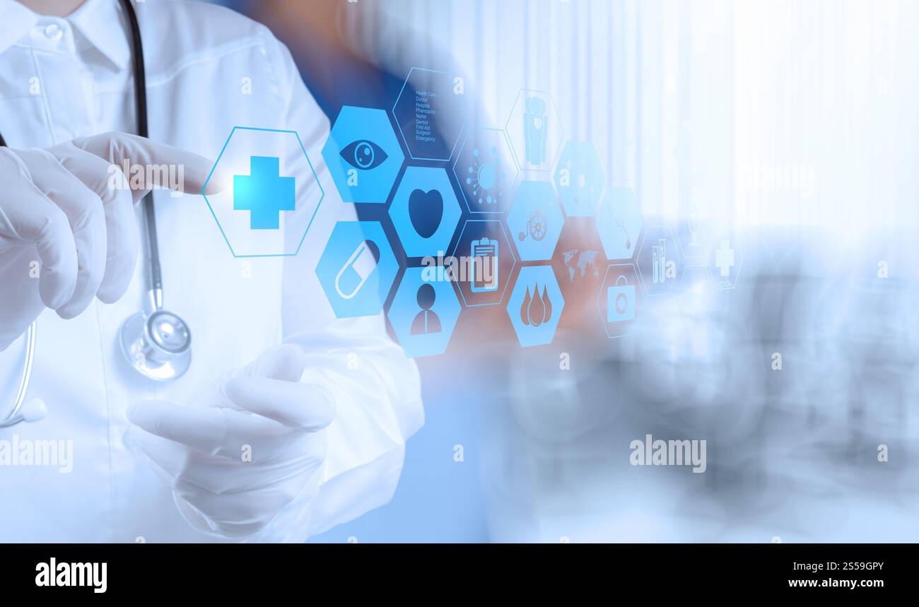 Medicine doctor hand working with modern computer interface as medical ...