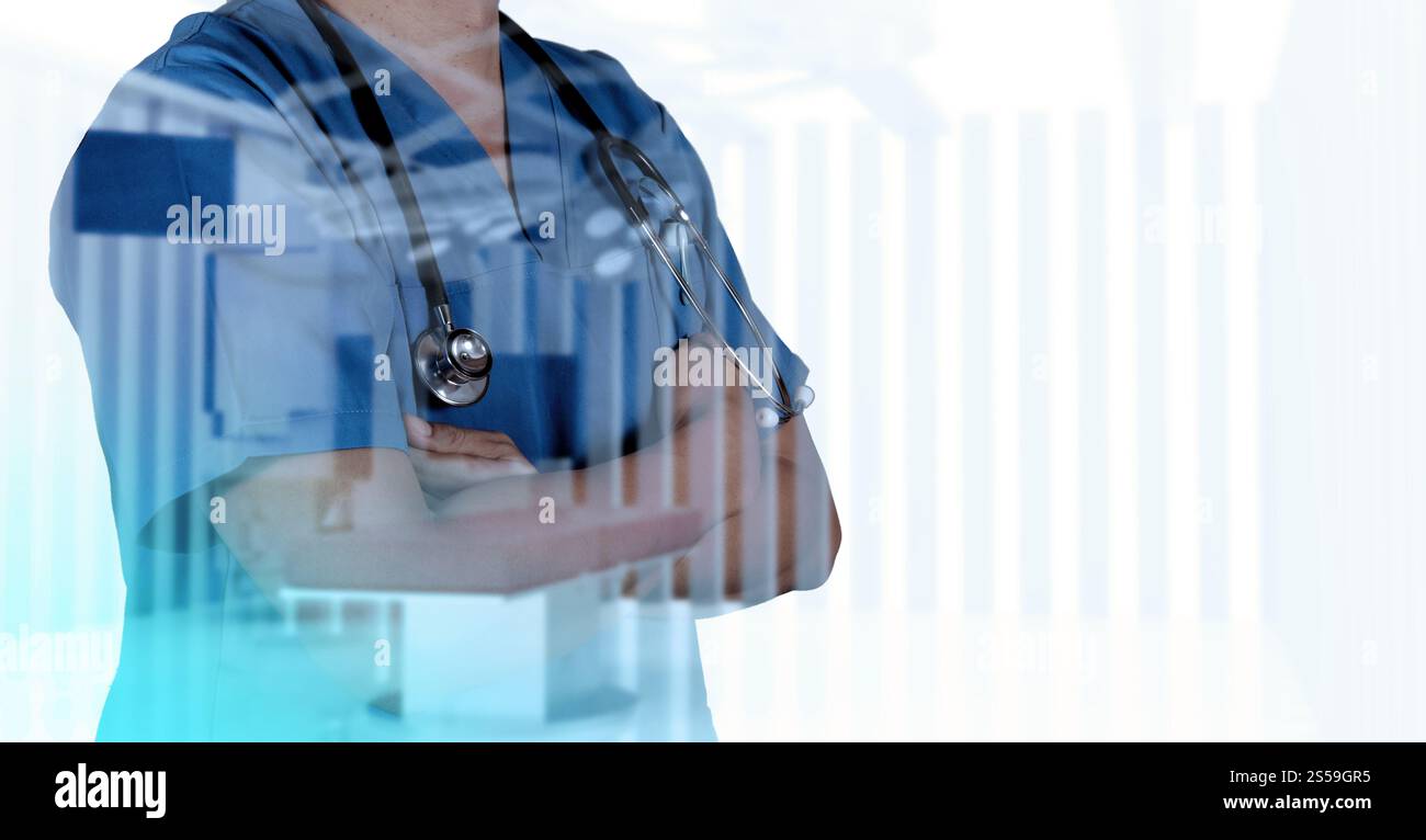 Double exposure of smart medical doctor working with operating room as ...