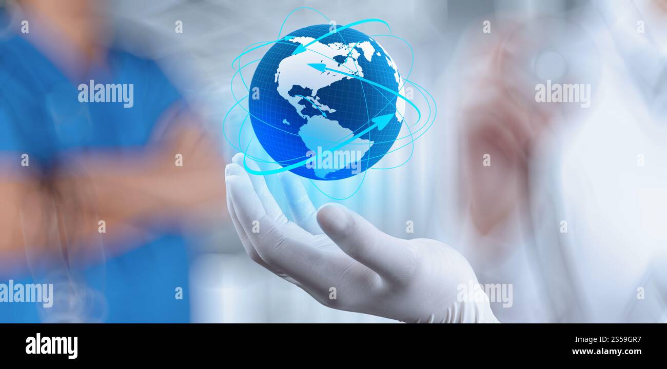 Medical Doctor holding a world globe in her hands as medical network ...