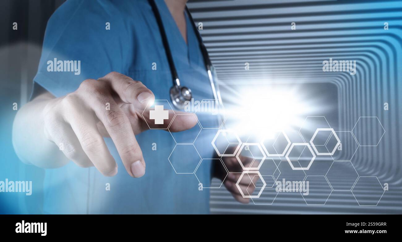 Medicine doctor hand working with modern computer interface as medical ...