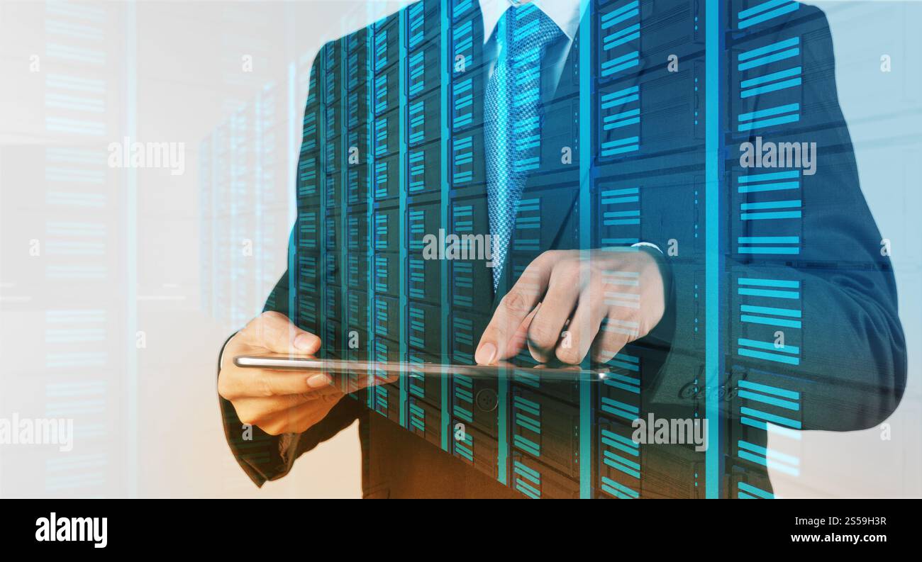 Double exposure of businessman hand pressing a touchscreen button on ...