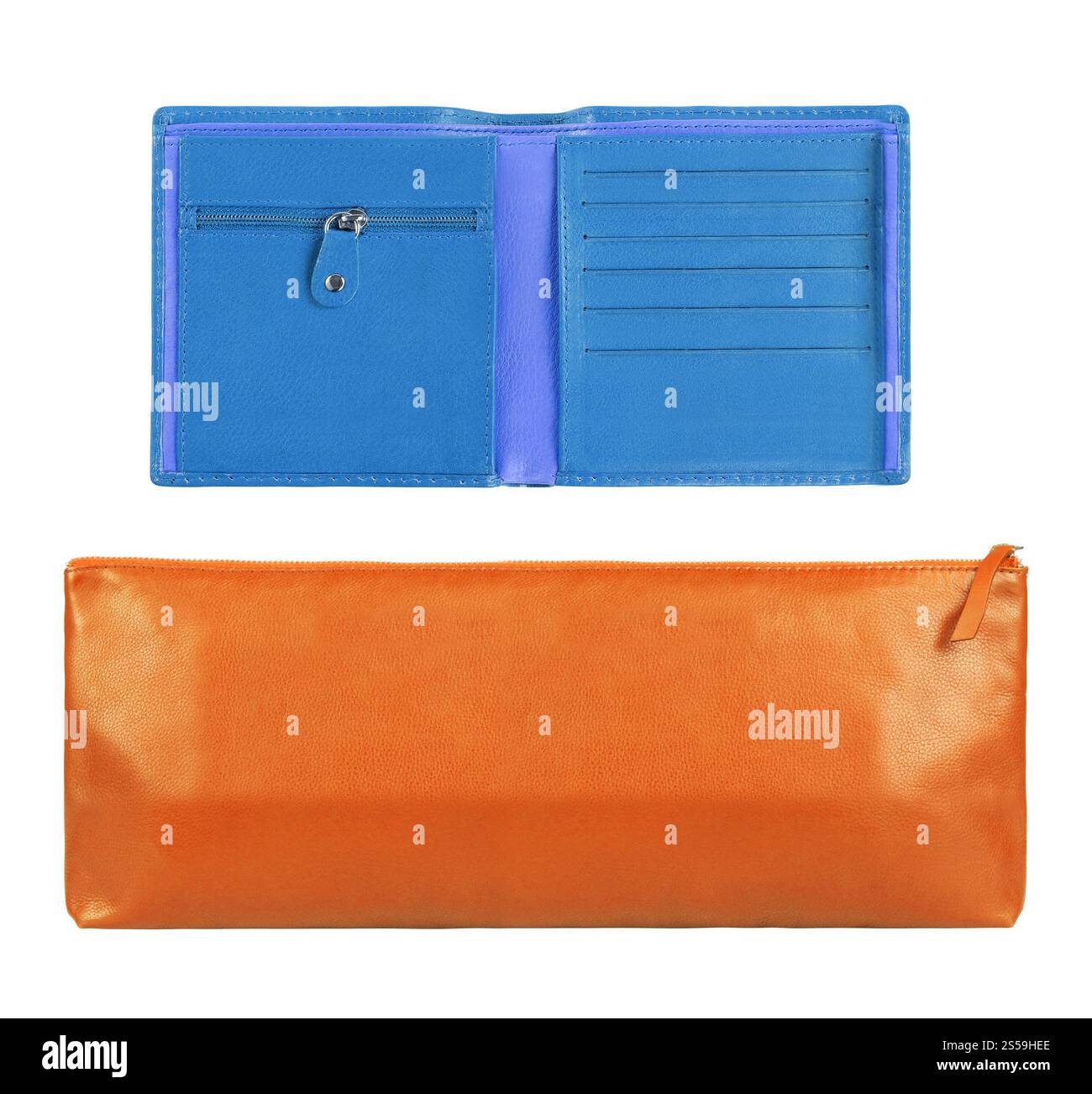 Orange and blue Leather Wallets isolated on white background. Orange and blue Leather Wallets ...