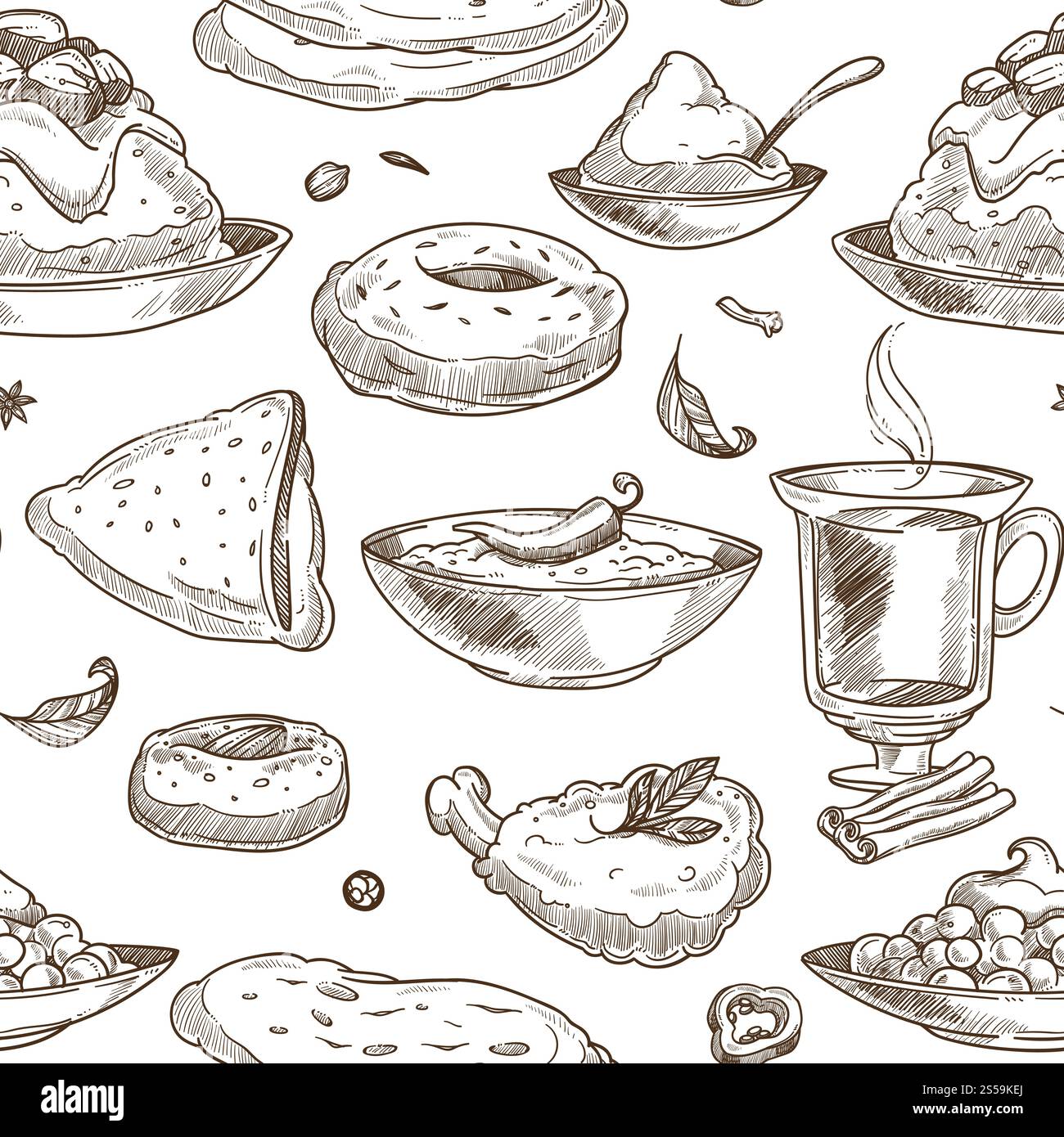 Indian cuisine sketch pattern background. Vector seamless design of ...