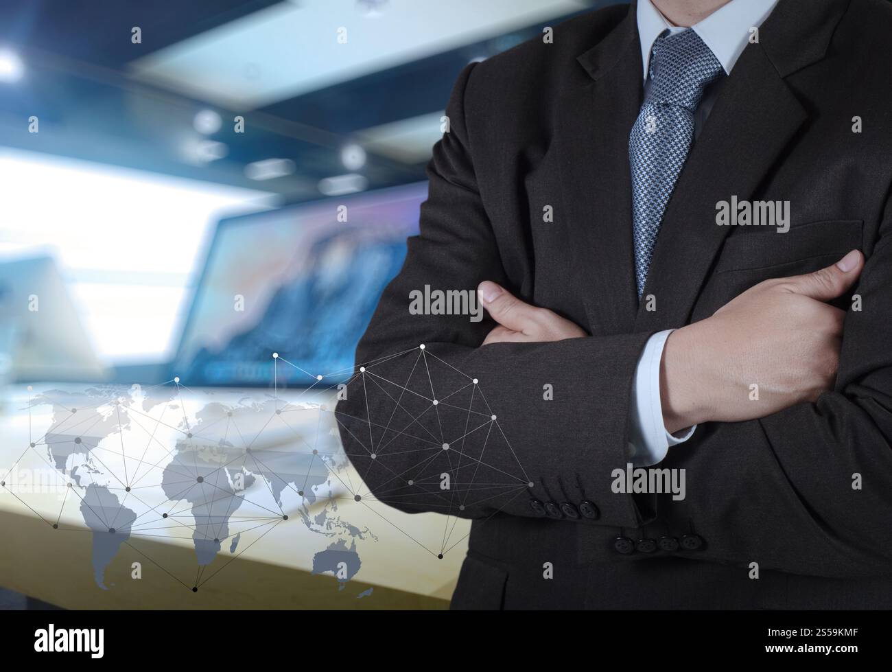 businessman with social network diagram and computer retail background ...