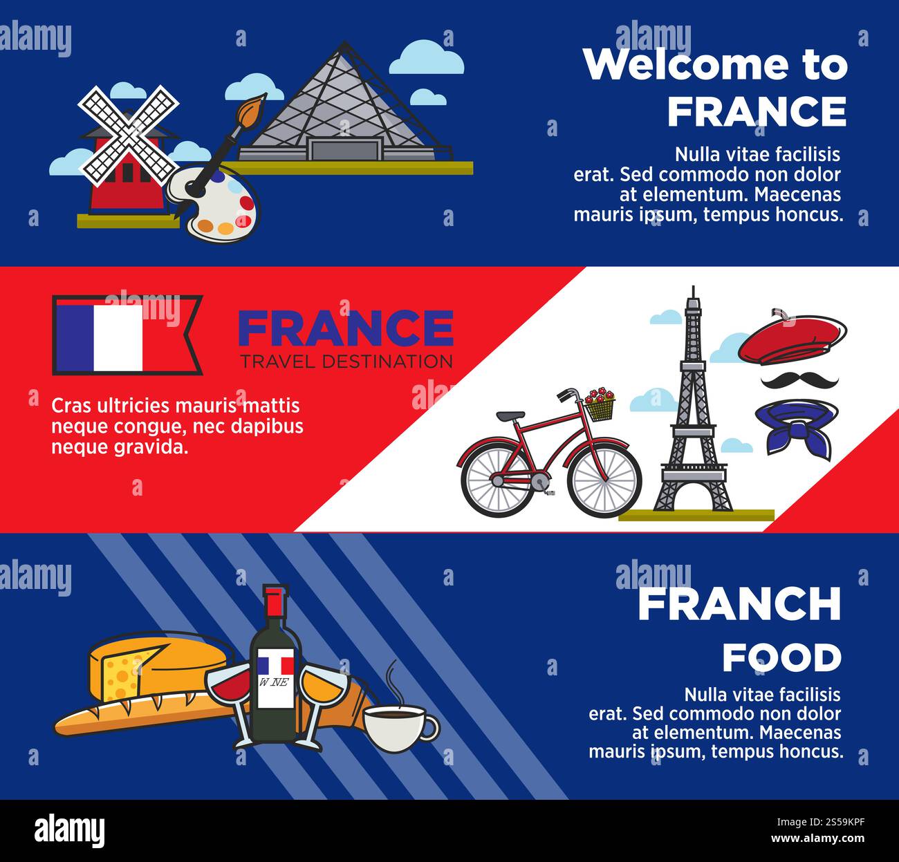 France travel destination advertisement banners with unique ...
