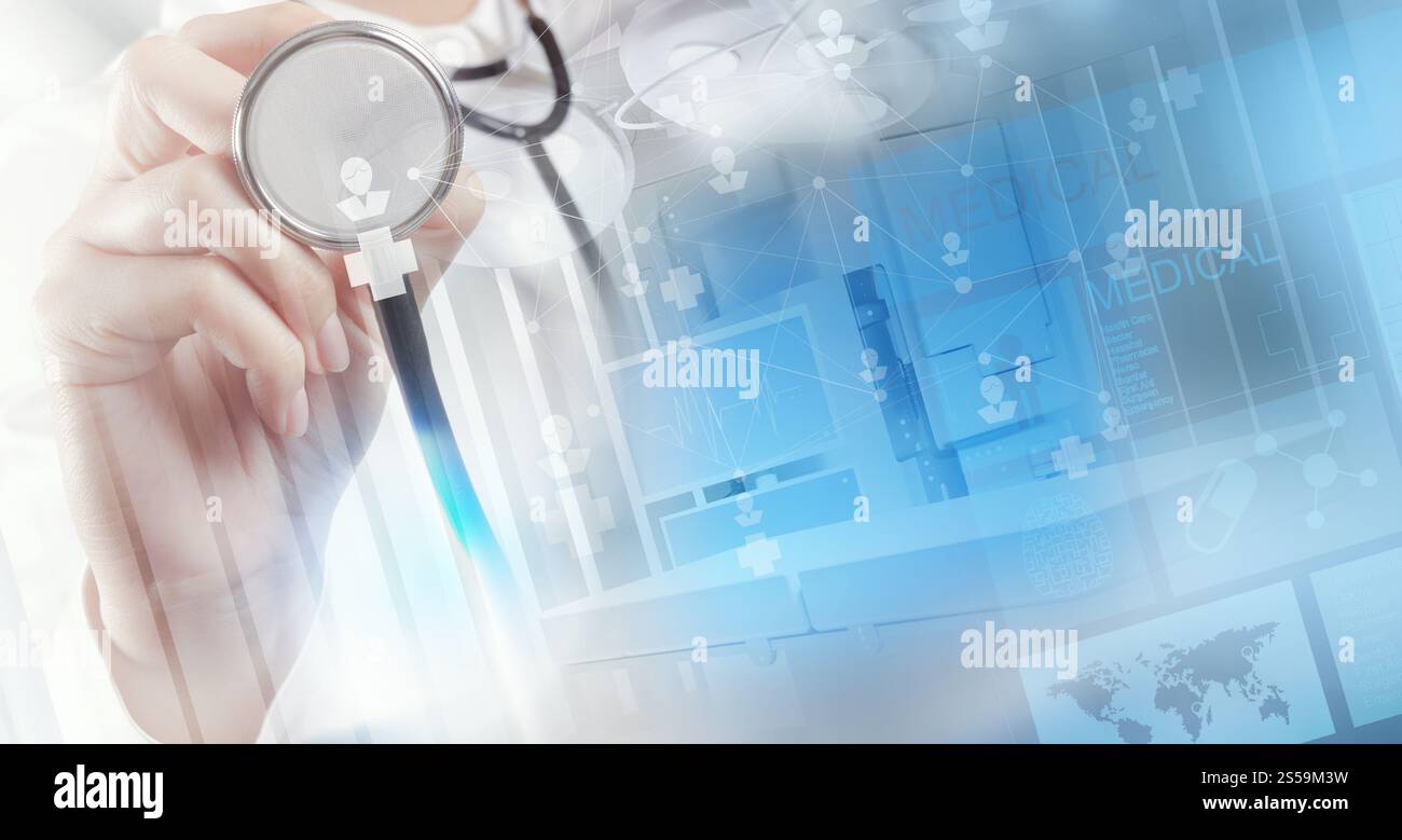 Double exposure of smart medical doctor working with operating room as ...