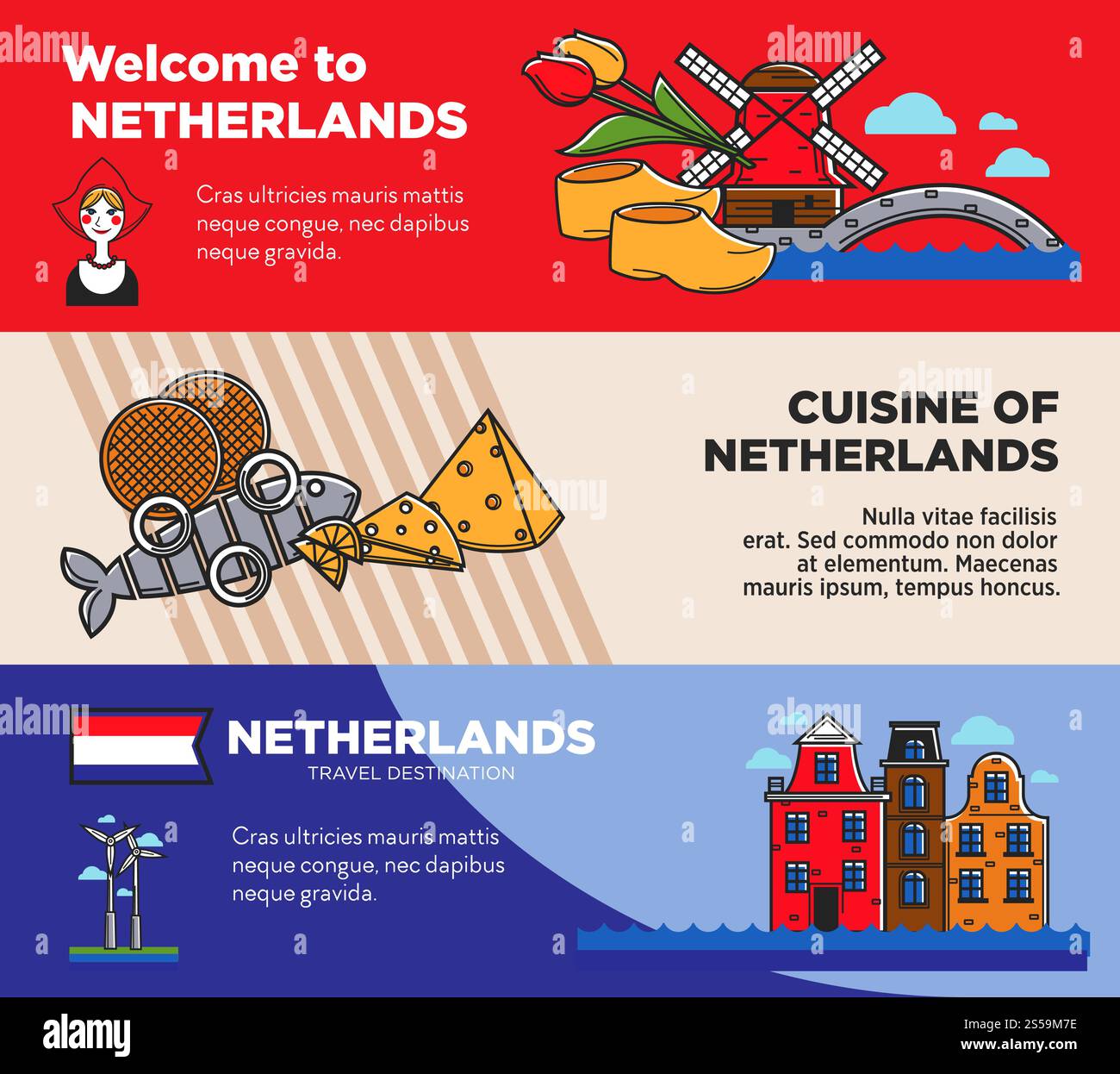 Netherlands travel destination promo posters set with sample texts ...
