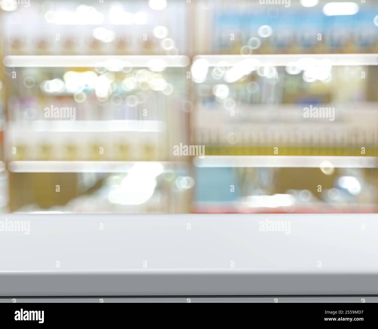 Empty laminate shelf and blurred background for business product ...