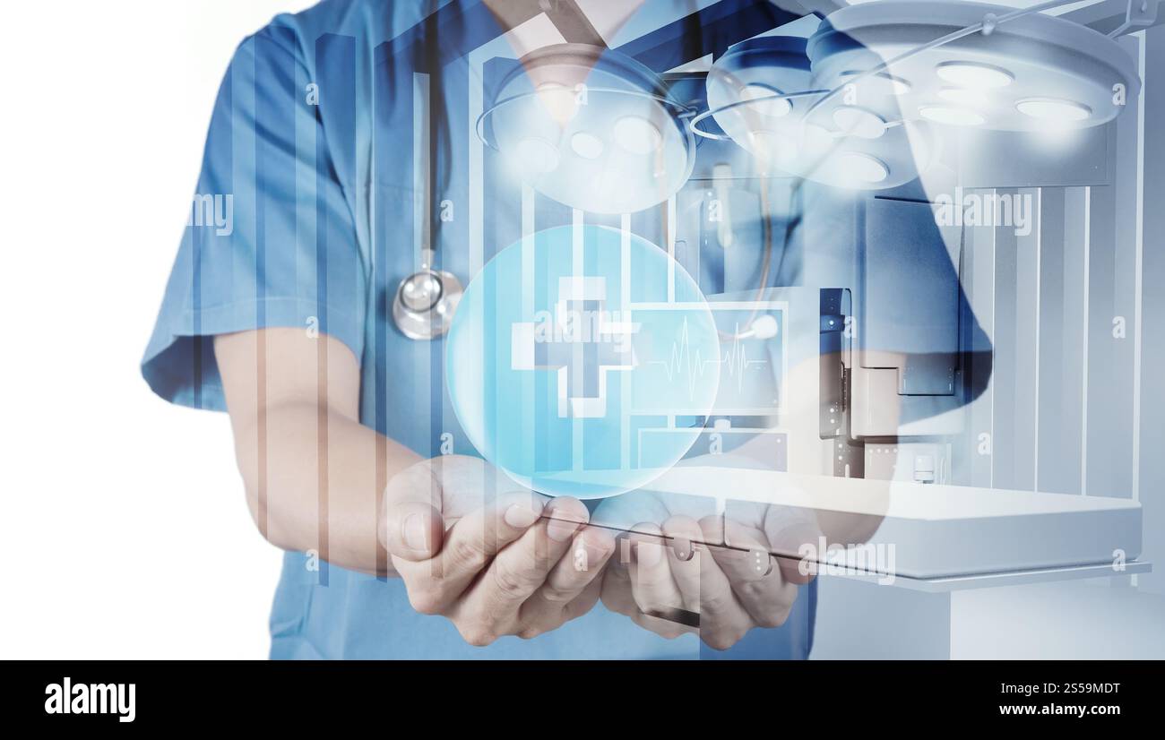 Double exposure of smart medical doctor holding the world with network ...