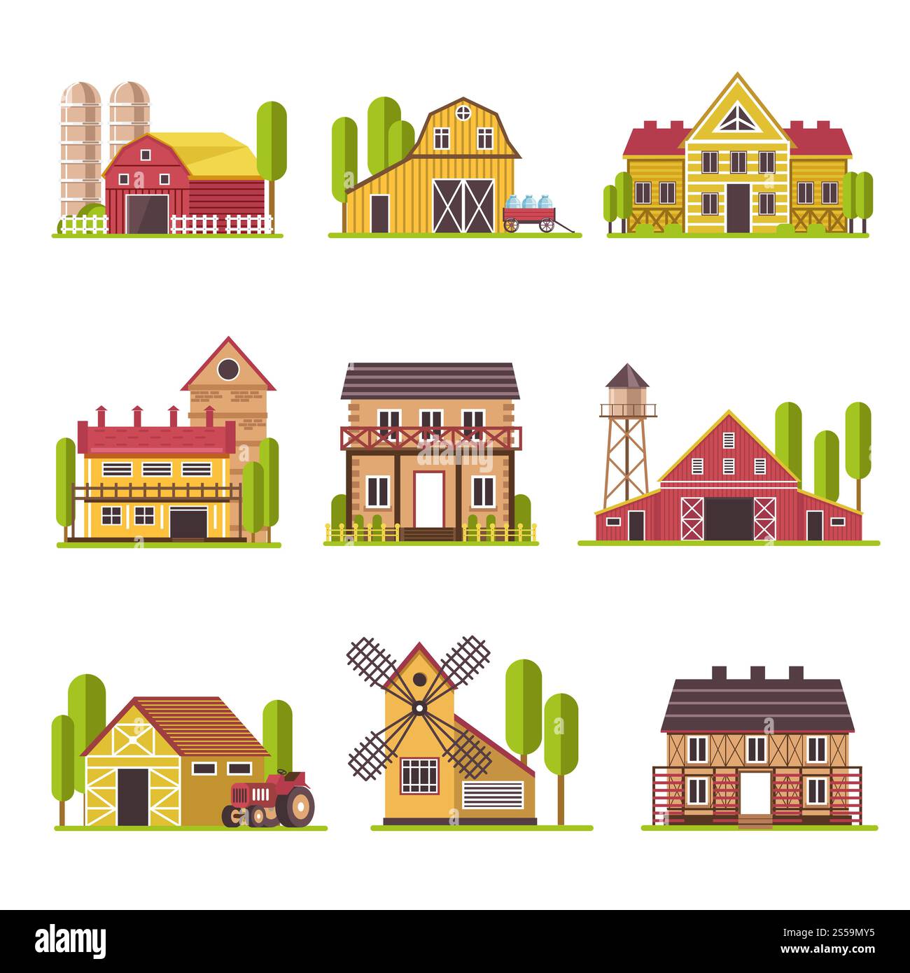 Farm house with grain and fodder barn or cattle corral. Vector cartoon ...