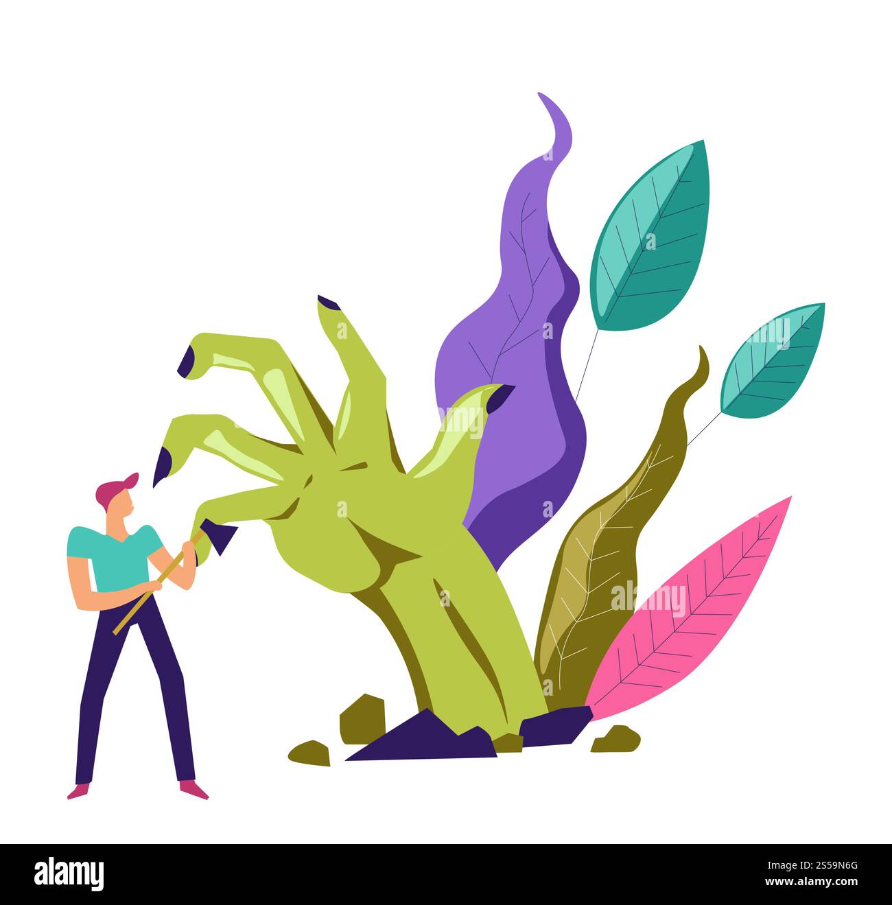 Zombie hand and person holding ax to kill creature vector. Human with ...