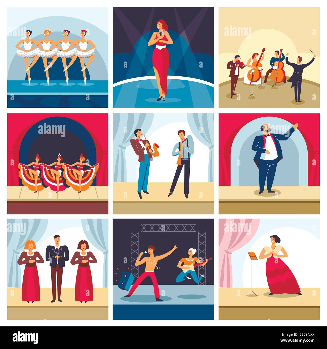 Music concert stage with opera or theater singers and musicians. Vector ...