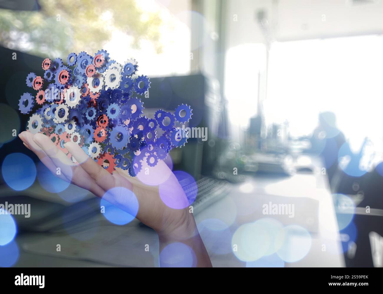 hand showing gears cogs to success concept Stock Photo - Alamy