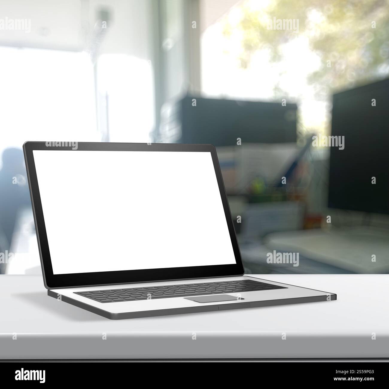 3d Laptop computer with blank screen on laminate table and blurred ...