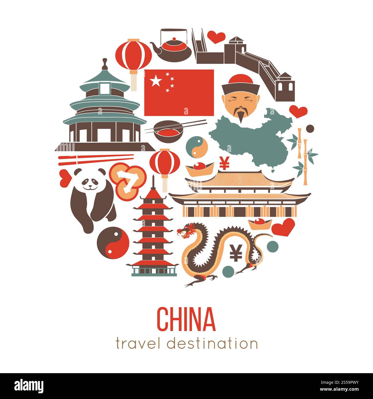 Chinese national things collection in circle isolated on white. Vector ...