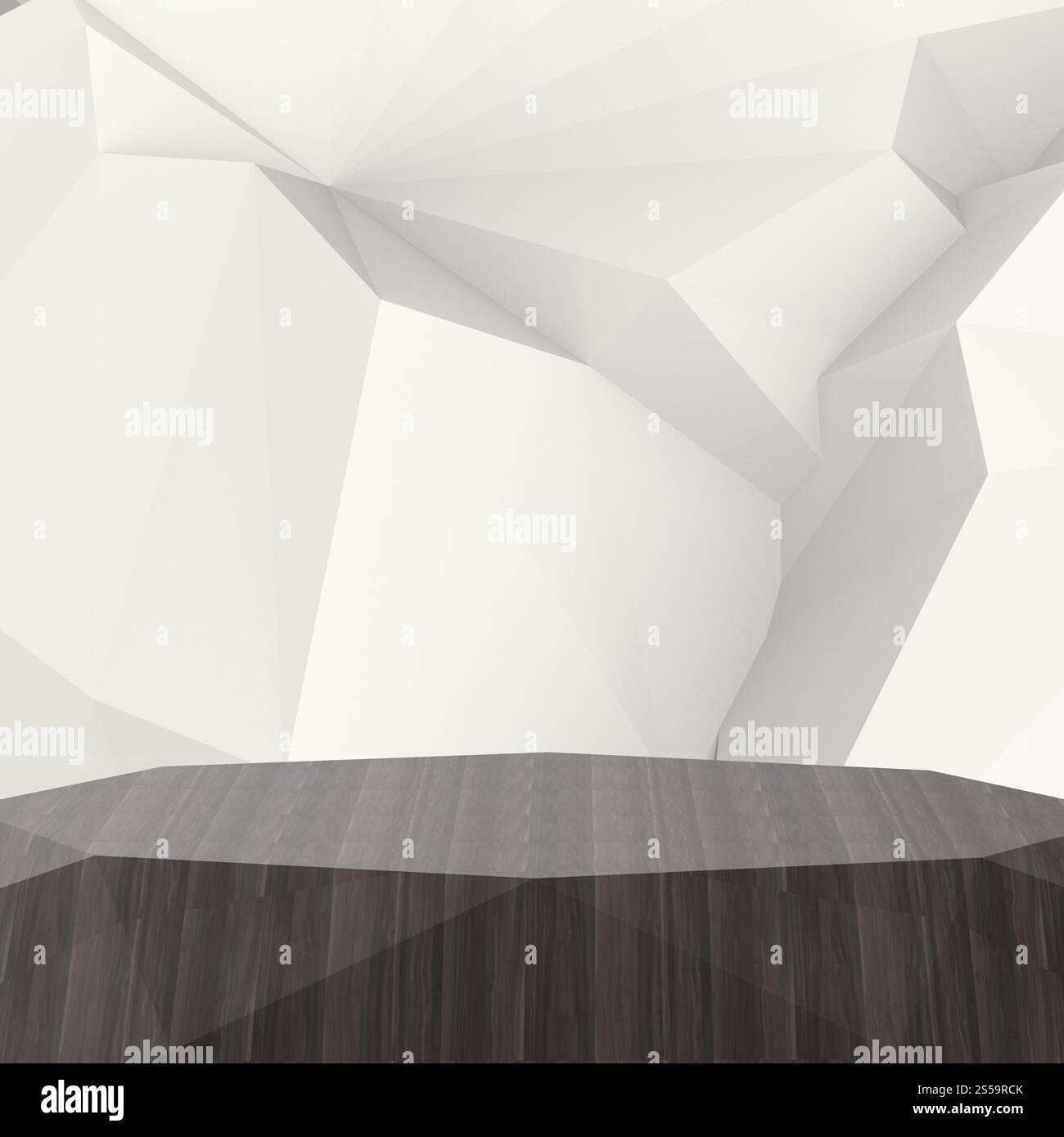 Empty low poly wooden shelf on laminate table and low poly geometric ...