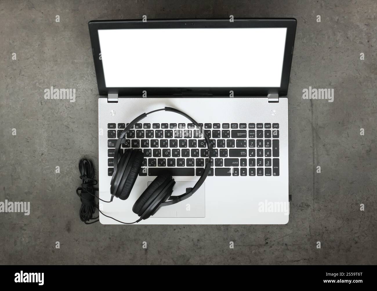 top view of workspace of composing music concept with headphone and ...