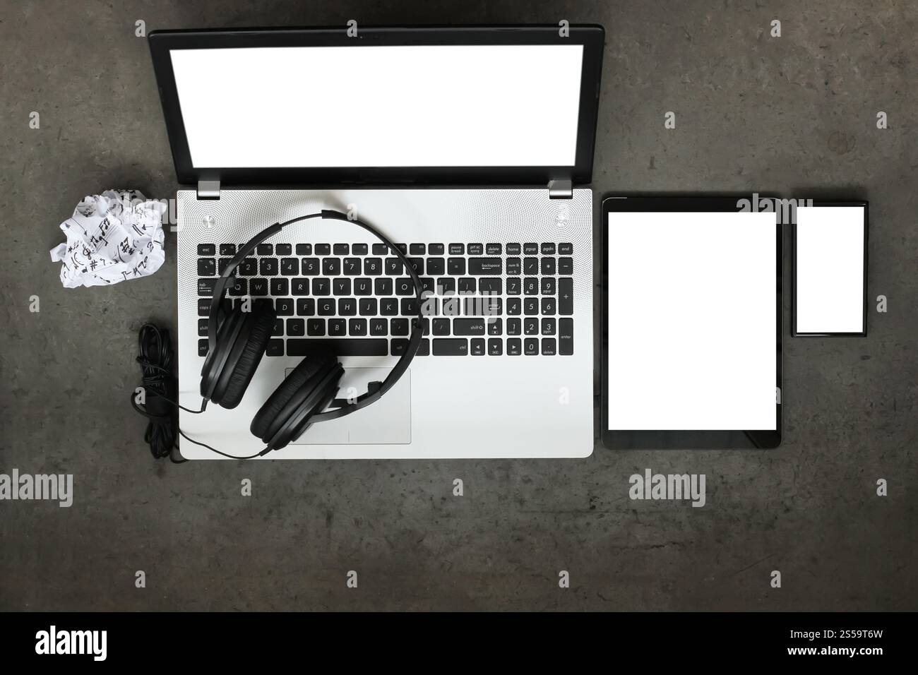 top view of workspace of composing music concept with headphone and ...