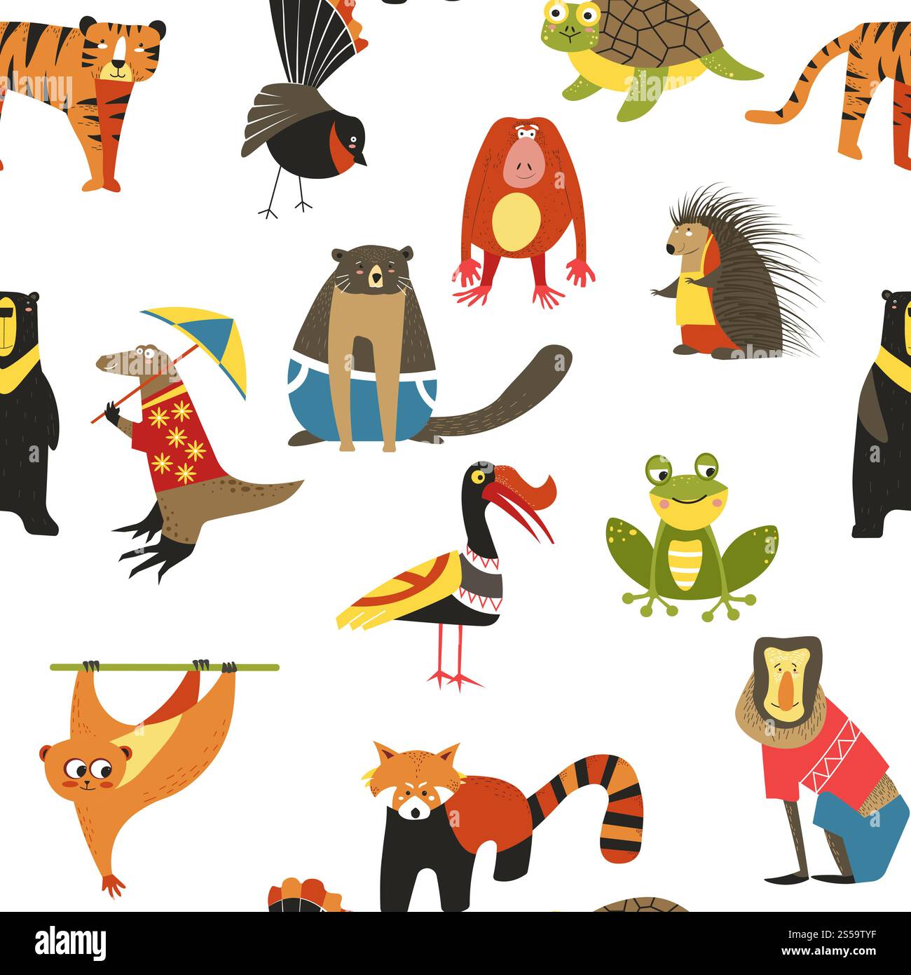 Exotic animals variety seamless pattern isolated on white, lemur and ...