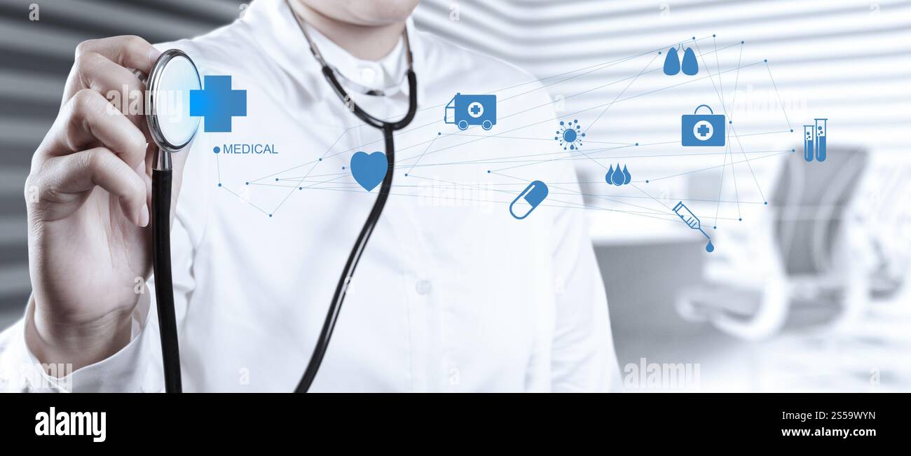 Medicine doctor hand working with modern computer interface as medical ...