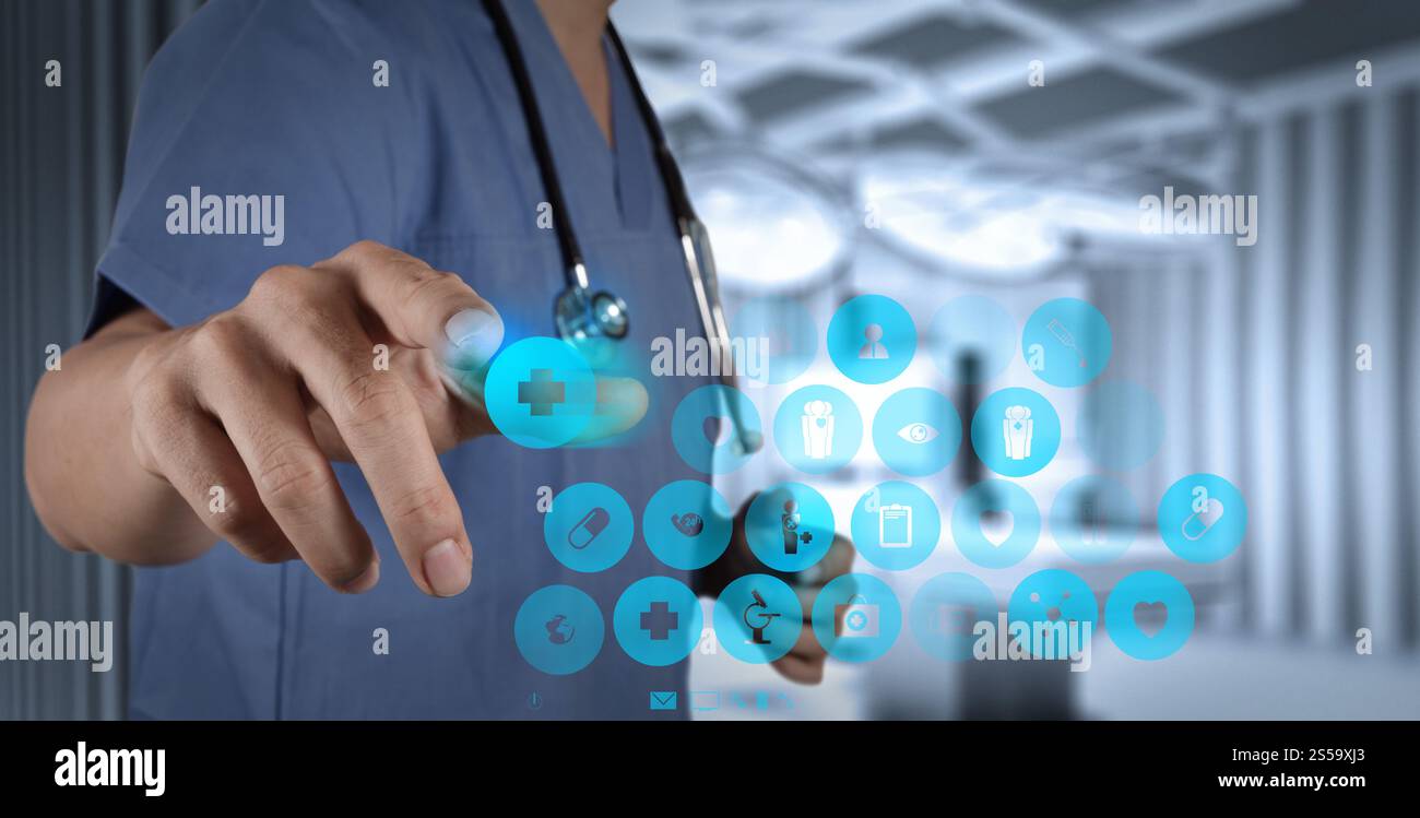 Medicine doctor hand working with modern computer interface as medical ...