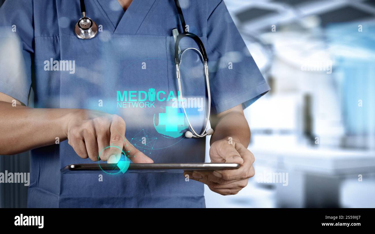 Medicine doctor hand working with modern computer interface as medical ...