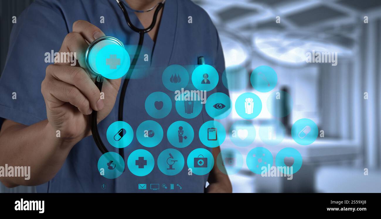 Medicine doctor hand working with modern computer interface as medical ...