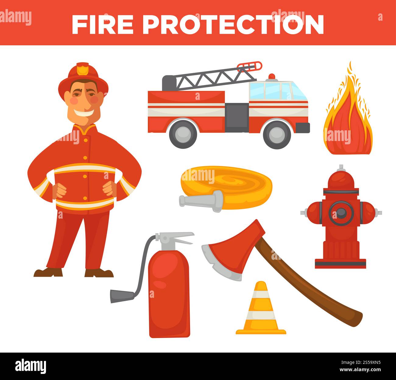 Fire protection and extinguishing equipment tools icons. Vector flat ...