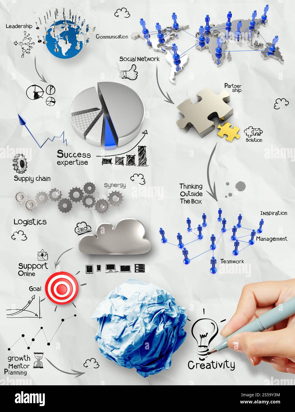 hand drawing creative business strategy on crumpled paper background as ...