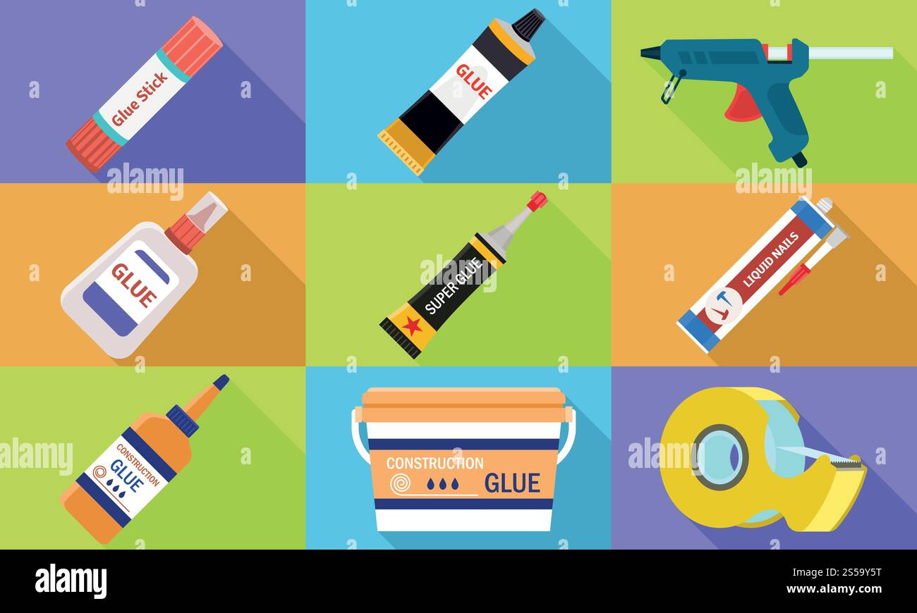 Glue icons set. Flat set of glue vector icons for web design. Glue ...
