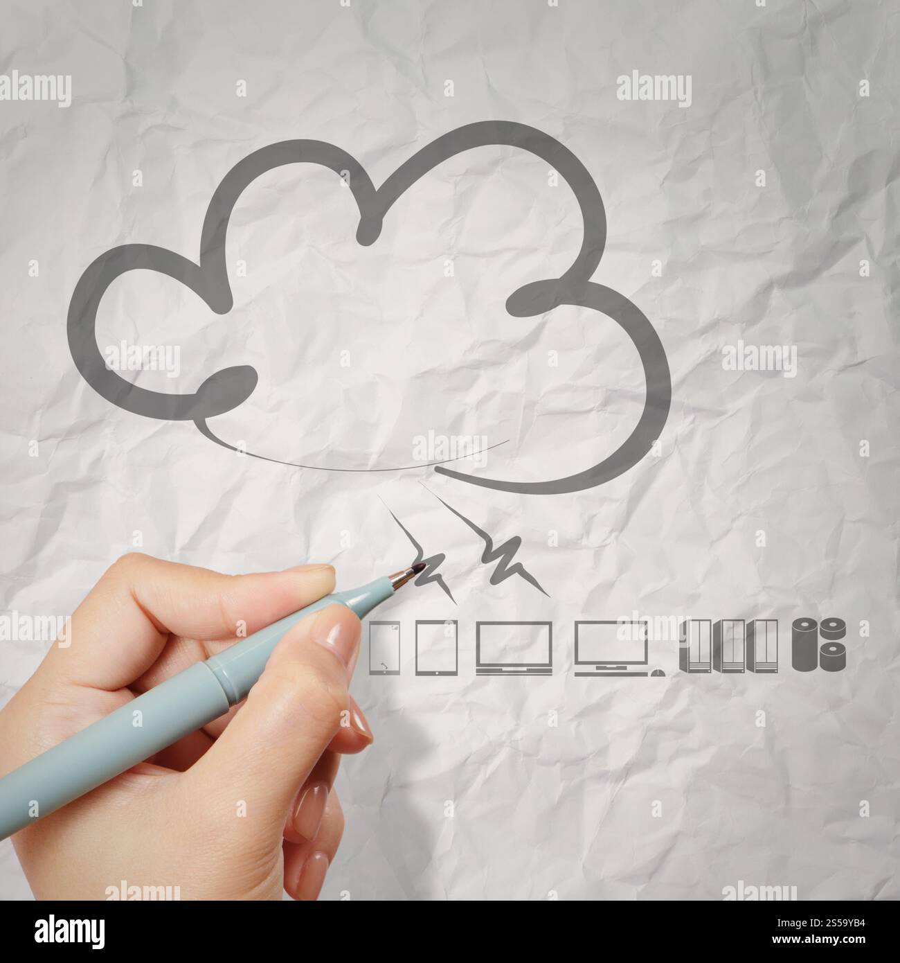 hand drawing crumpled paper Cloud Computing diagram as concept Stock ...