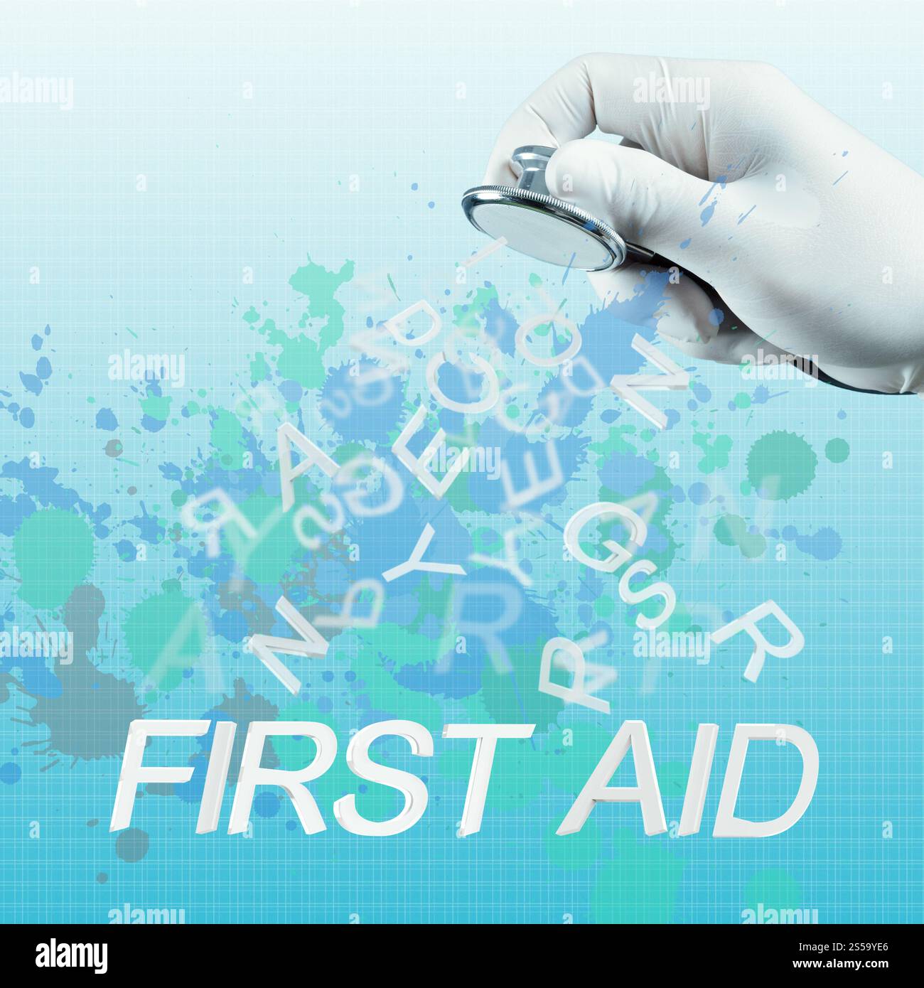 Stethoscope in hand with First aid word and splash colors as medical ...